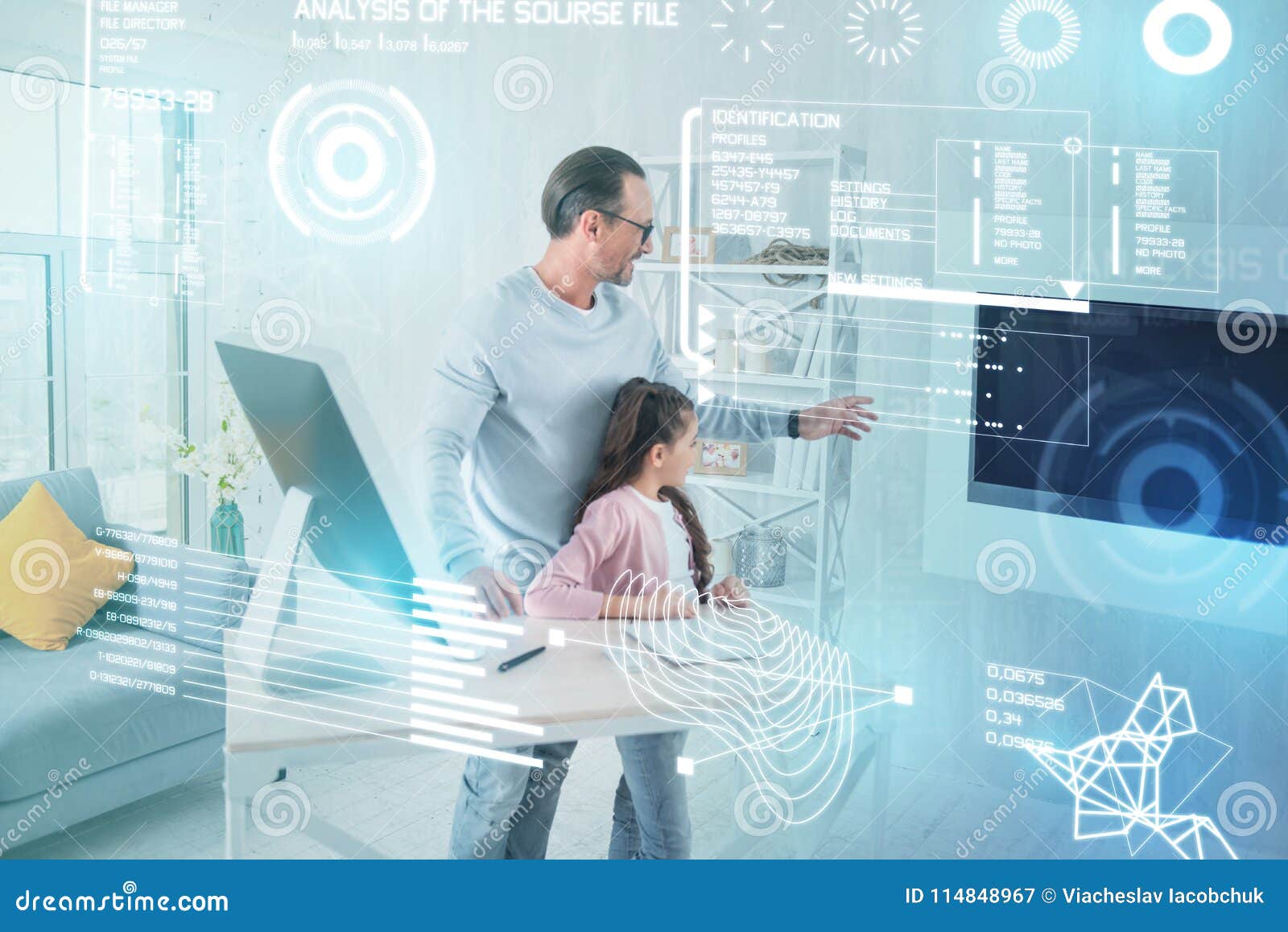 Professional Programmer Smiling while Showing His Child a New Creation ...