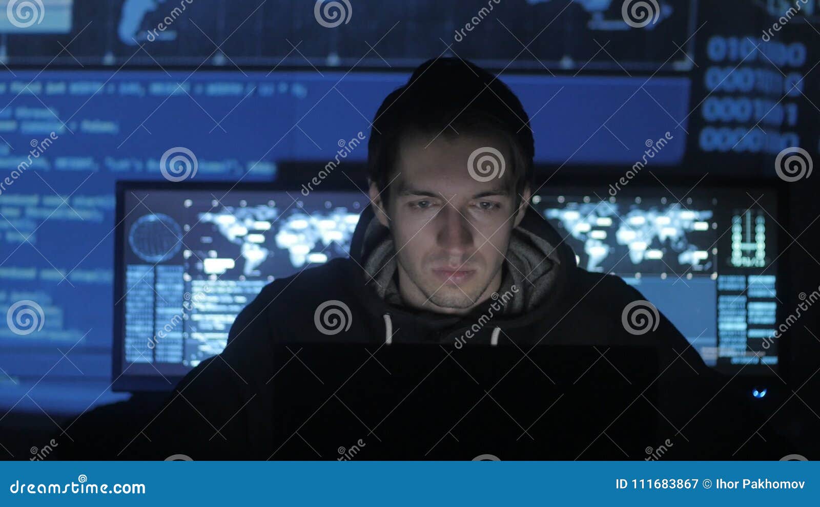 Geek Hacker Programmer is Working on Computer in Cyber Security Center ...