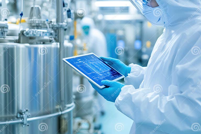 A Professional in Protective Gear is Using Tablet in Cleanroom ...