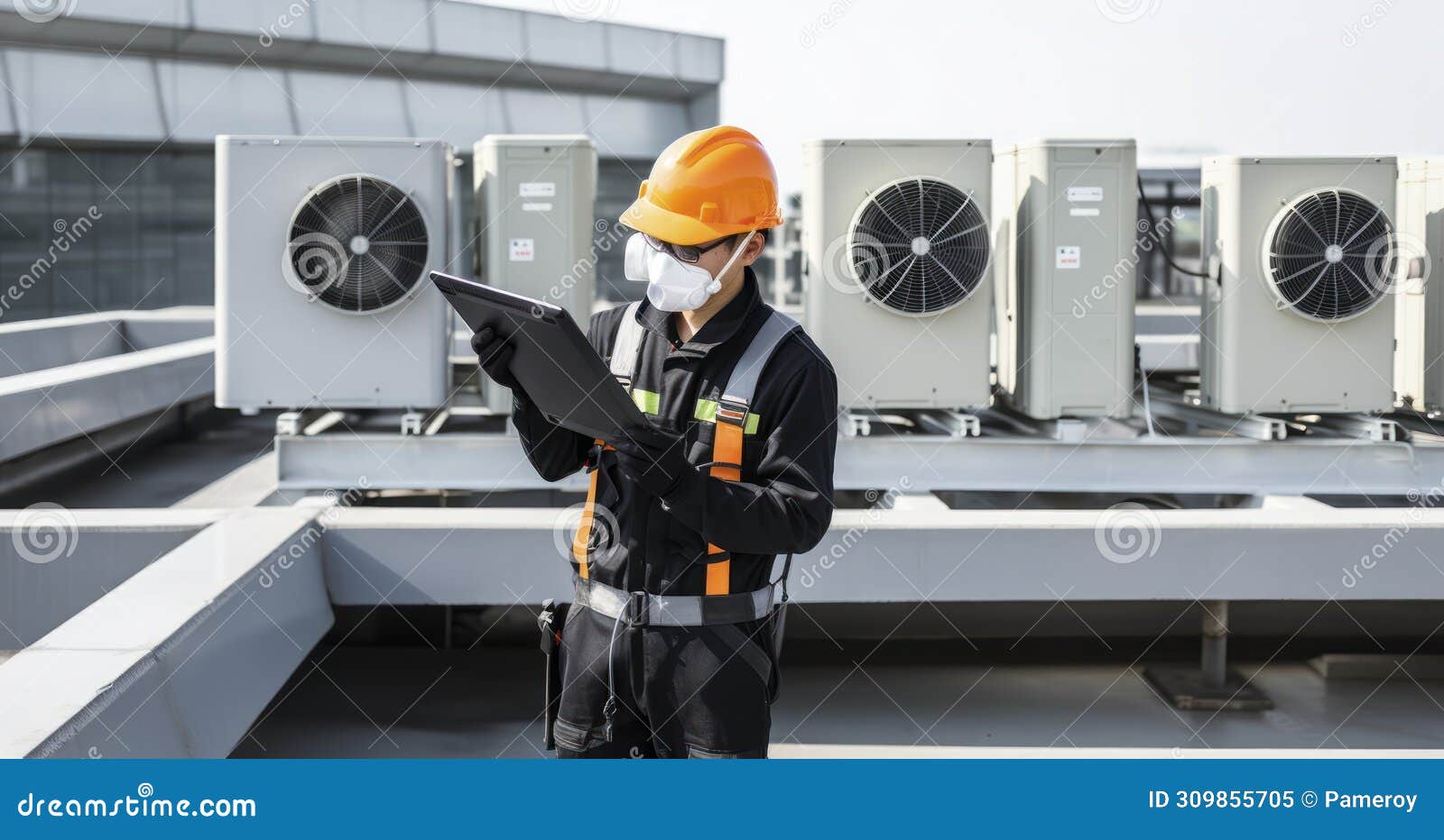 A Professional in Protective Workwear Develops Plans by Outdoor HVAC ...
