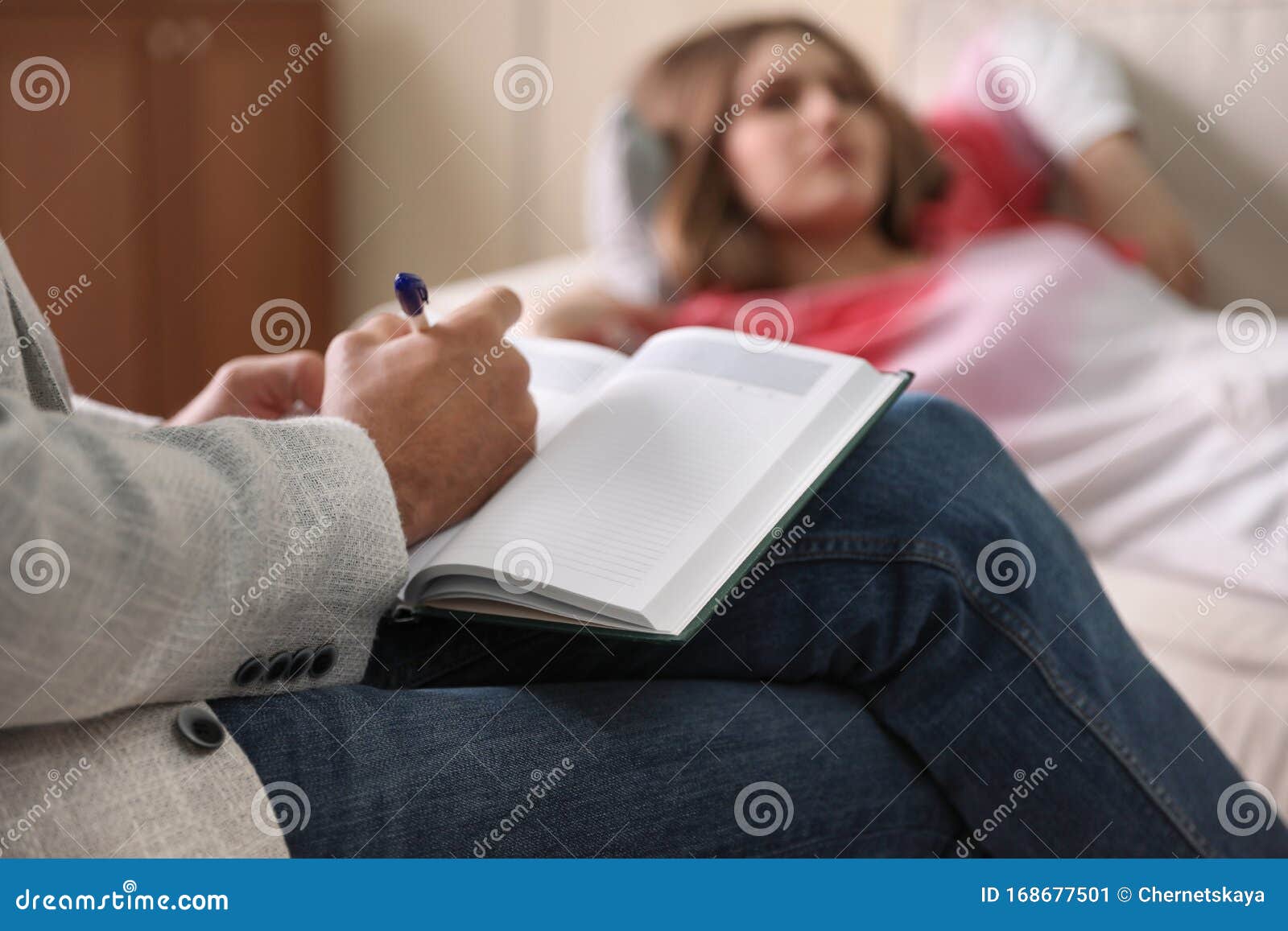 Professional Psychotherapist and Patient, Focus on Hands with Notebook ...