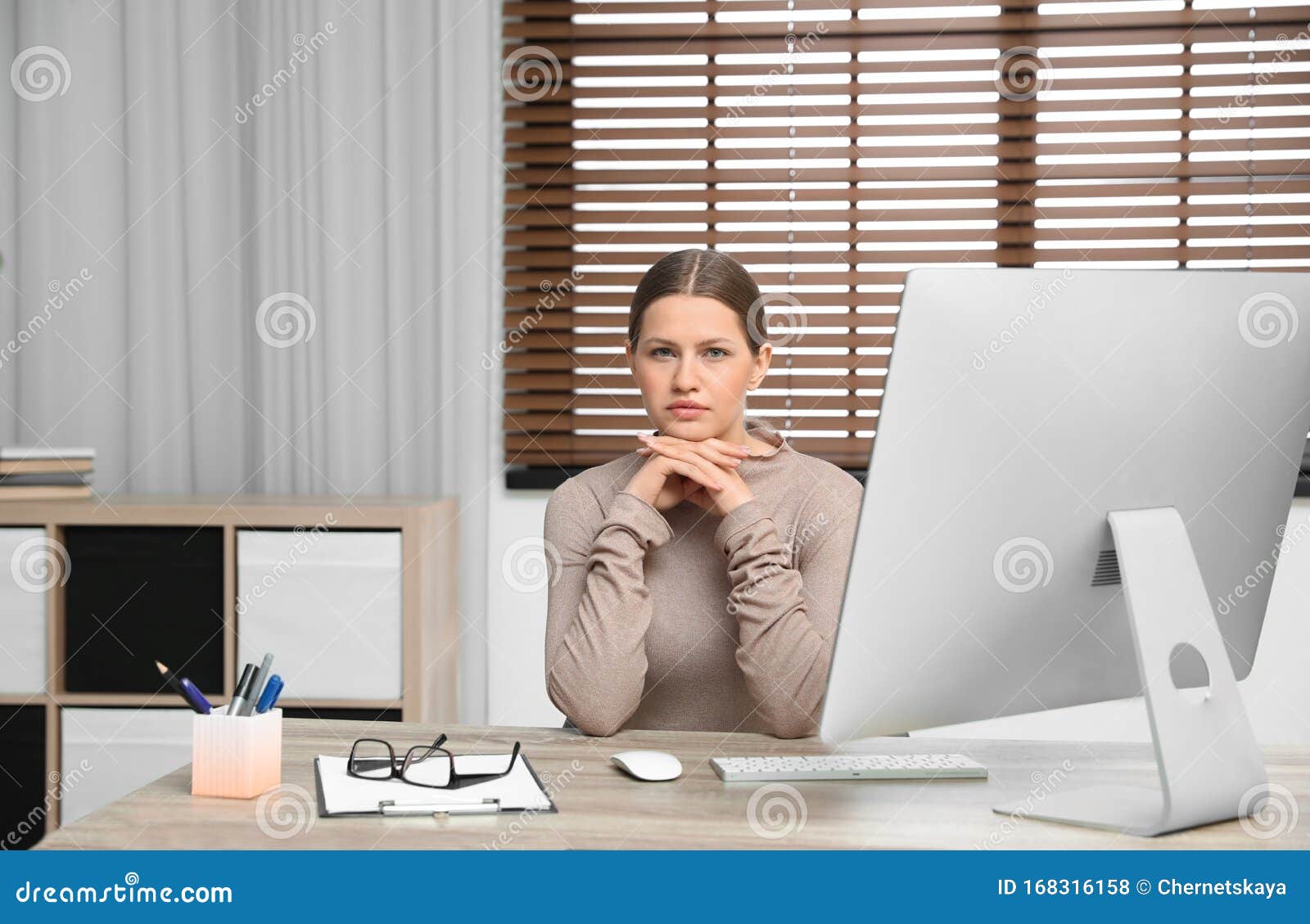 Professional Psychotherapist at Table with Computer in Modern Office ...