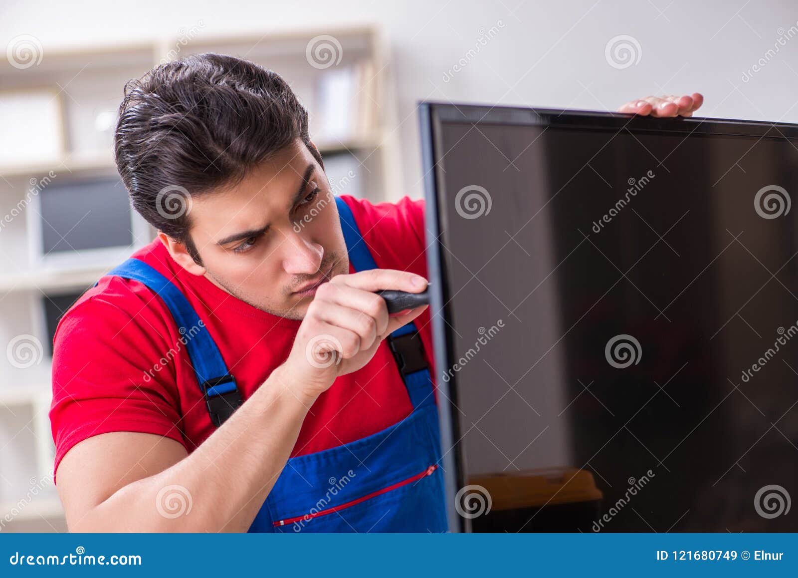 The Professional Repair Engineer Repairing Broken Tv Stock Image ...