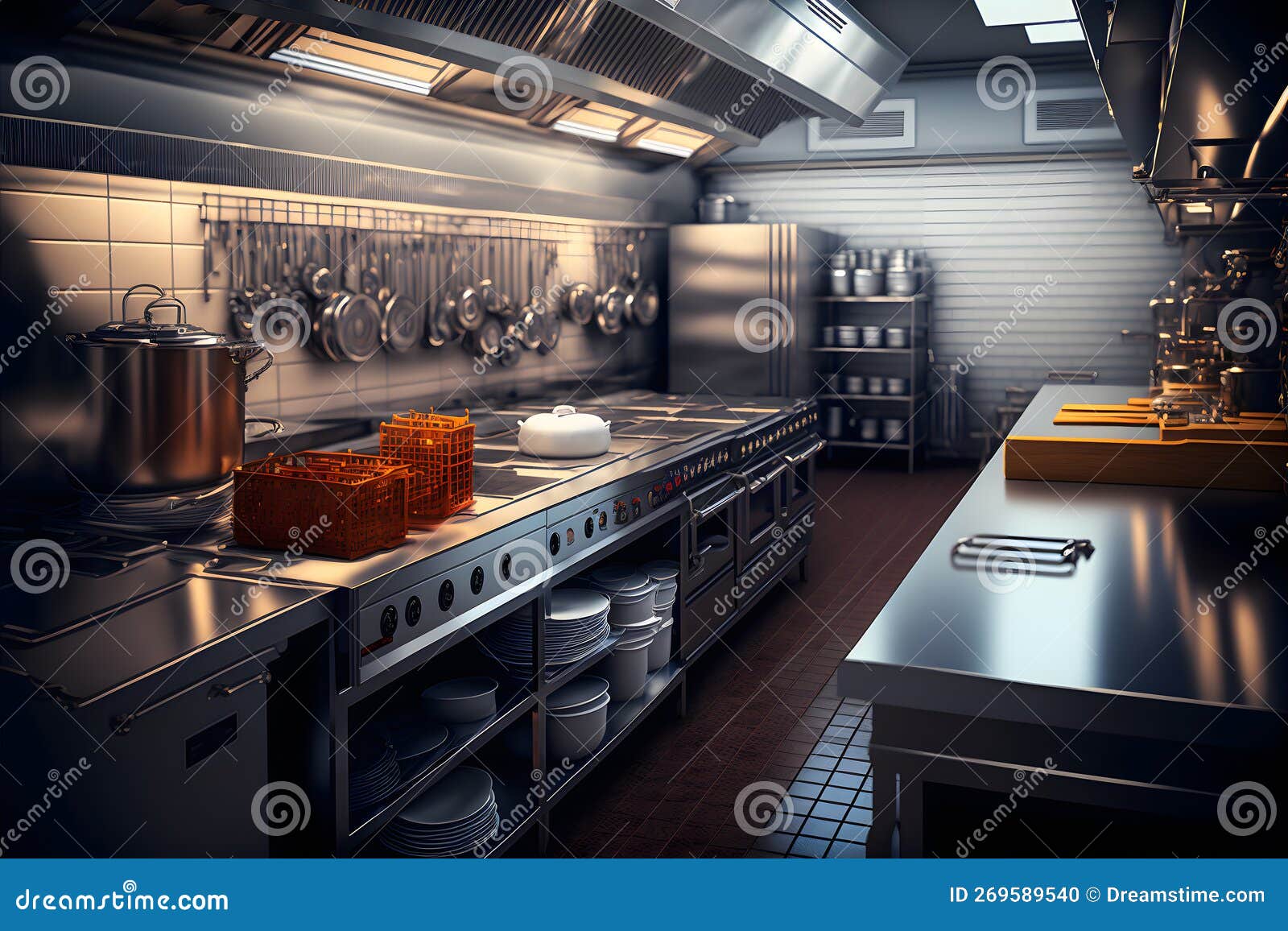 Professional Restaurant Kitchen Interior with Cooking Supply and ...