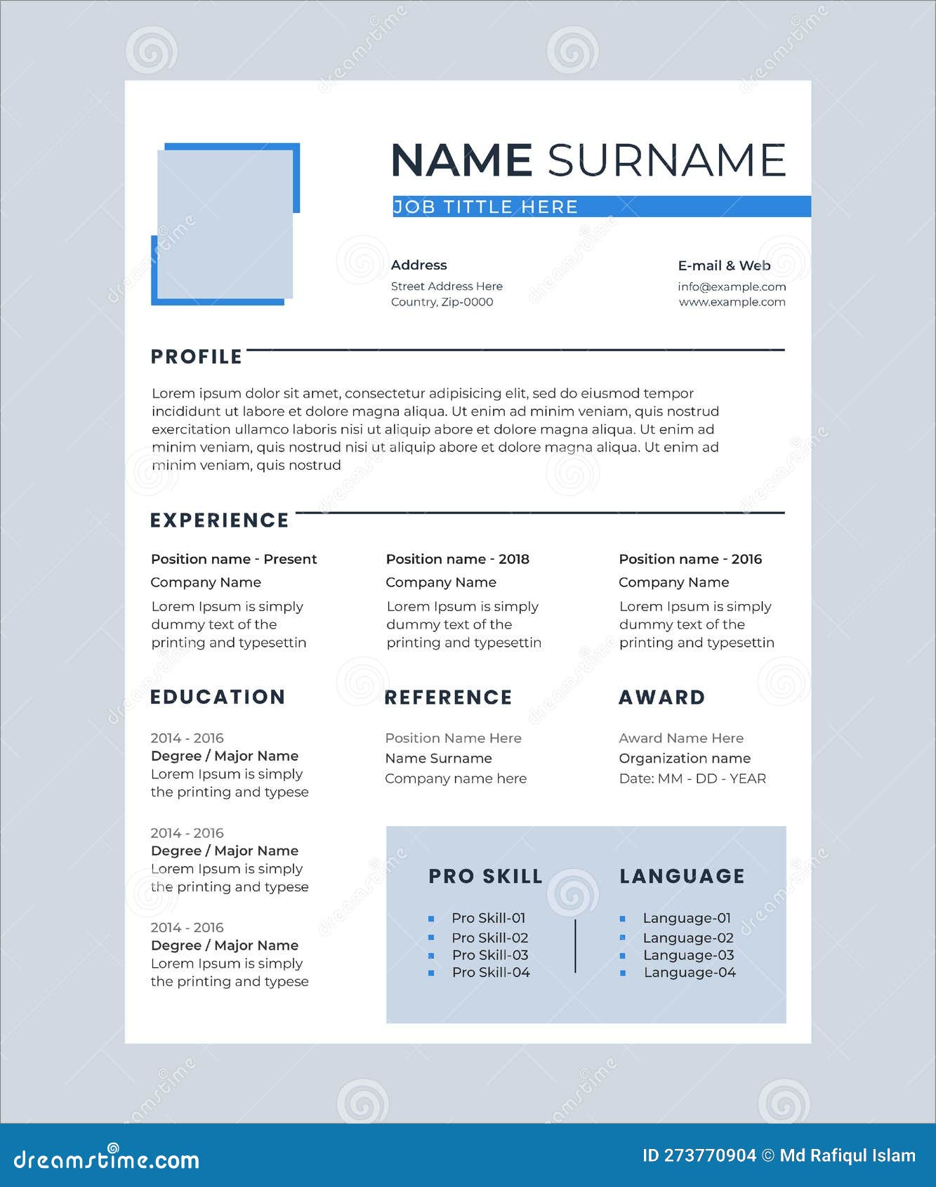Professional Resume Template with Blue Background. Vector Illustration ...
