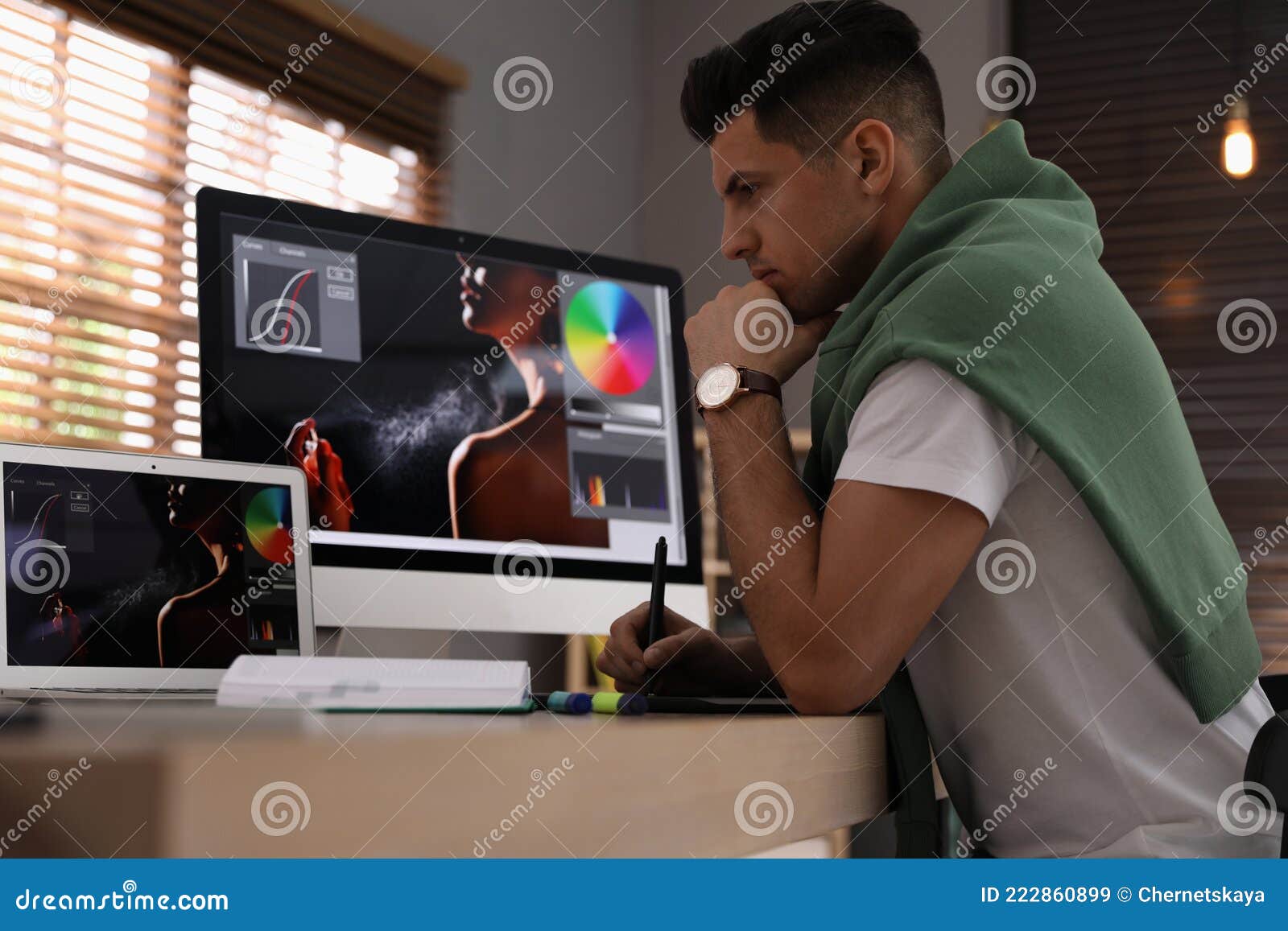 Professional Retoucher Working on Computer in Office Stock Image ...