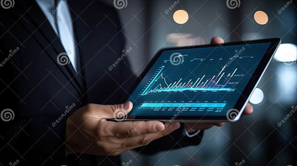 Businessman Holds a Tablet that Displaying Chart and Graph Stock ...