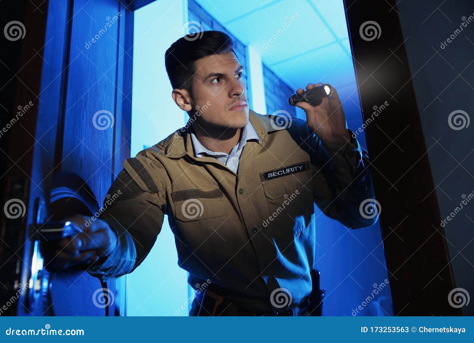 Professional Security Guard with Flashlight Checking Room Stock Image ...