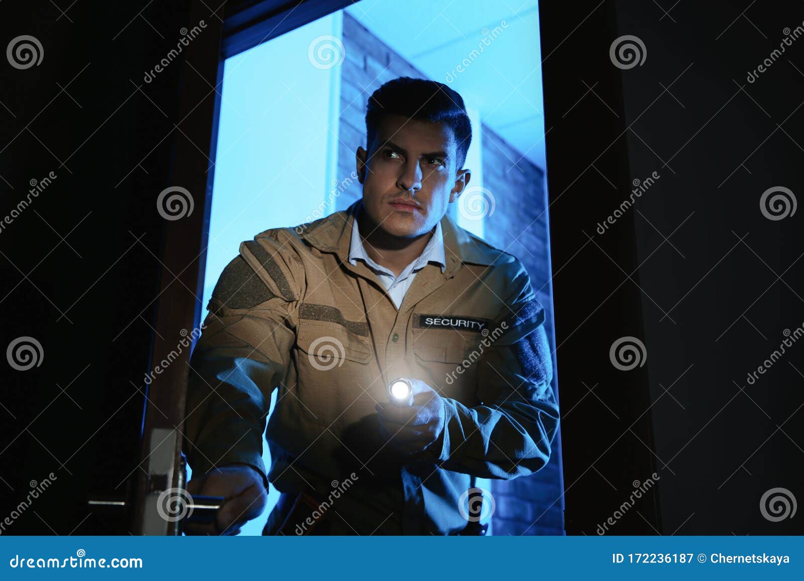 Professional Security Guard with Flashlight Checking Room Stock Image ...