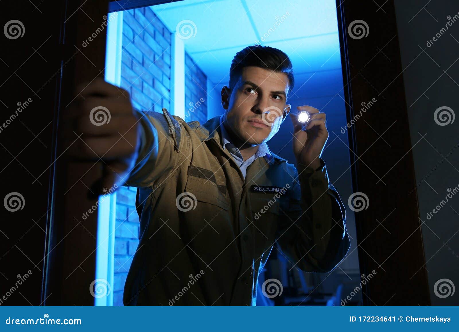 Professional Security Guard with Flashlight Checking Room Stock Image ...