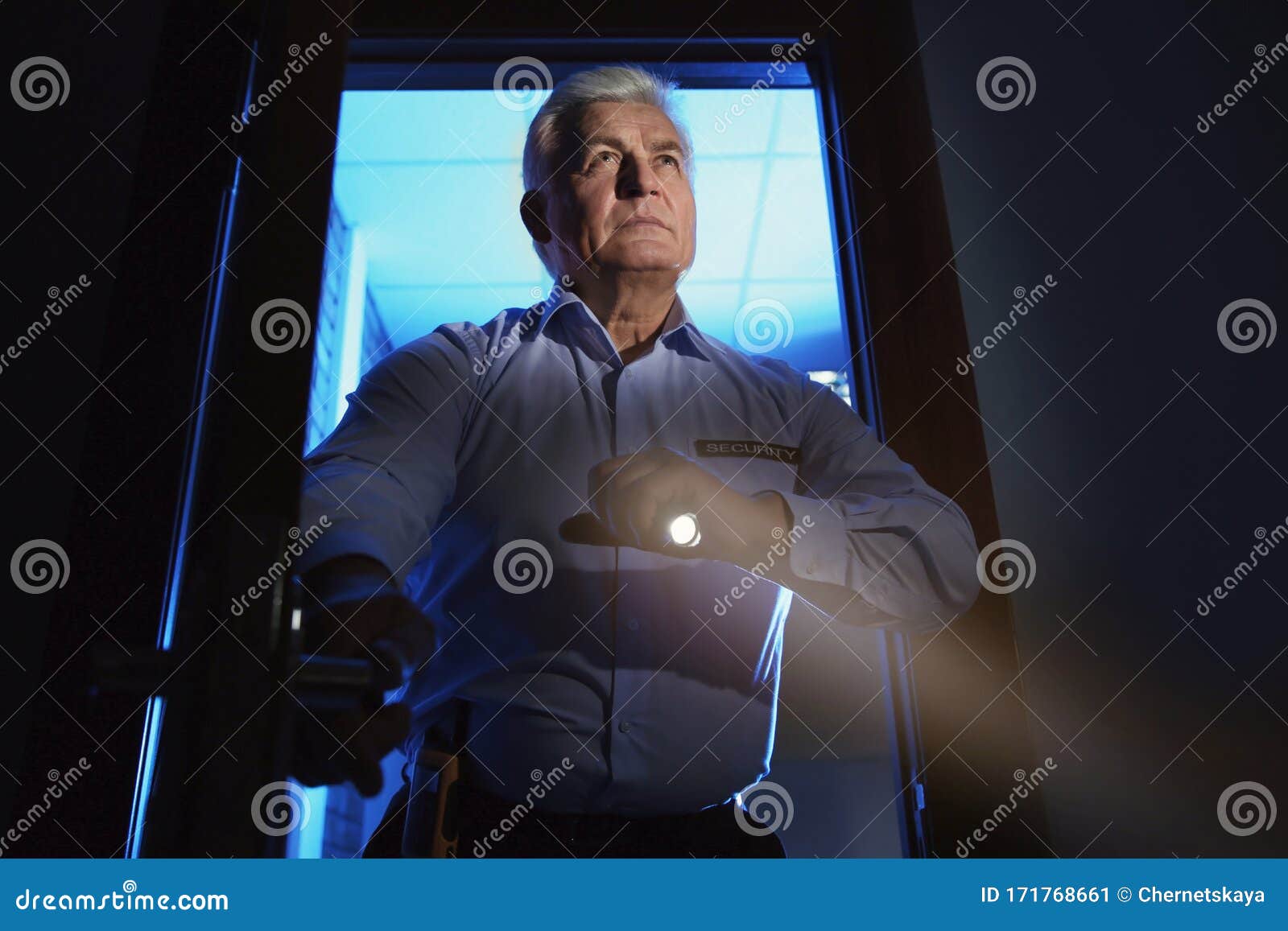 Professional Security Guard with Flashlight Checking Room Stock Image ...