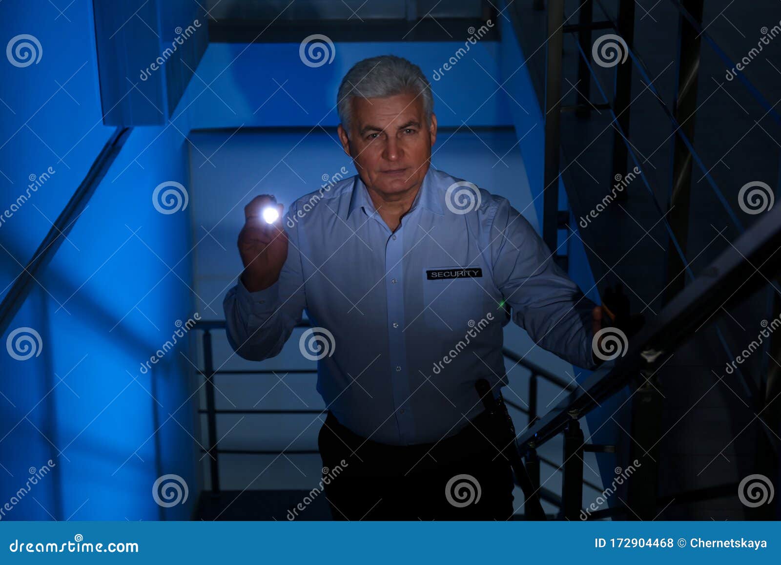 Professional Security Guard with Flashlight on Stairs in Room Stock ...