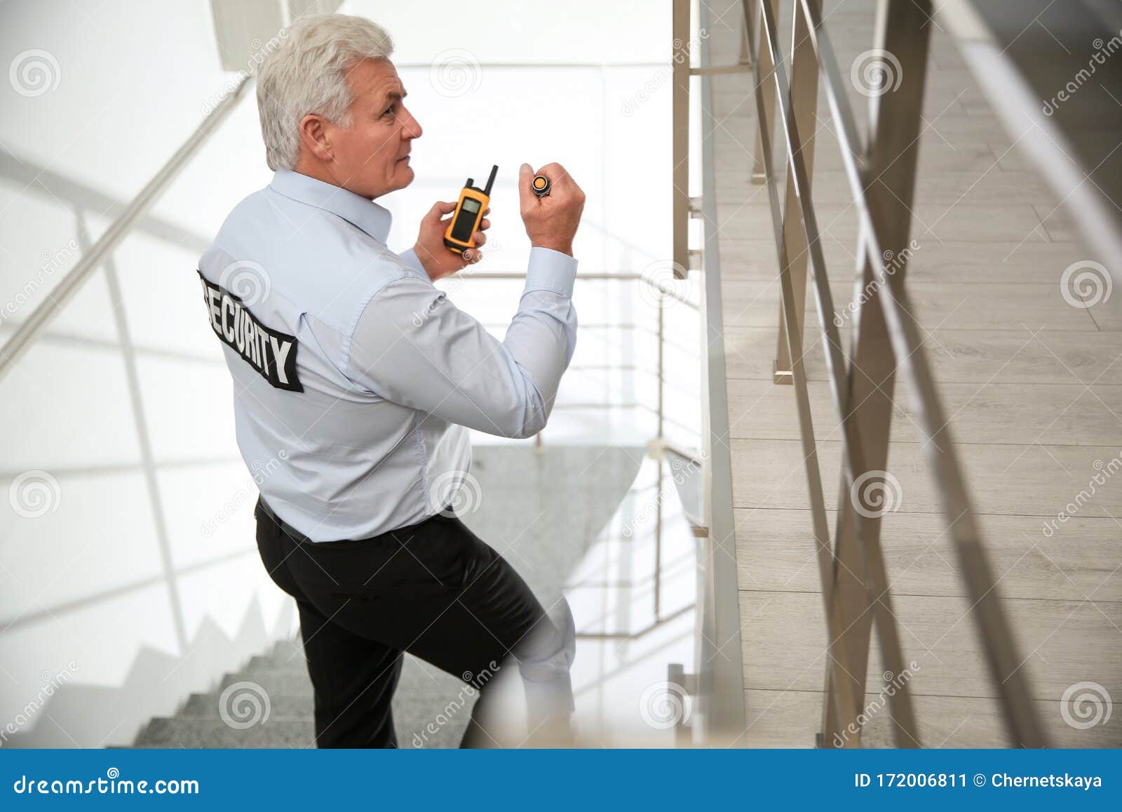 Professional Security Guard with Flashlight on Stairs Stock Image ...