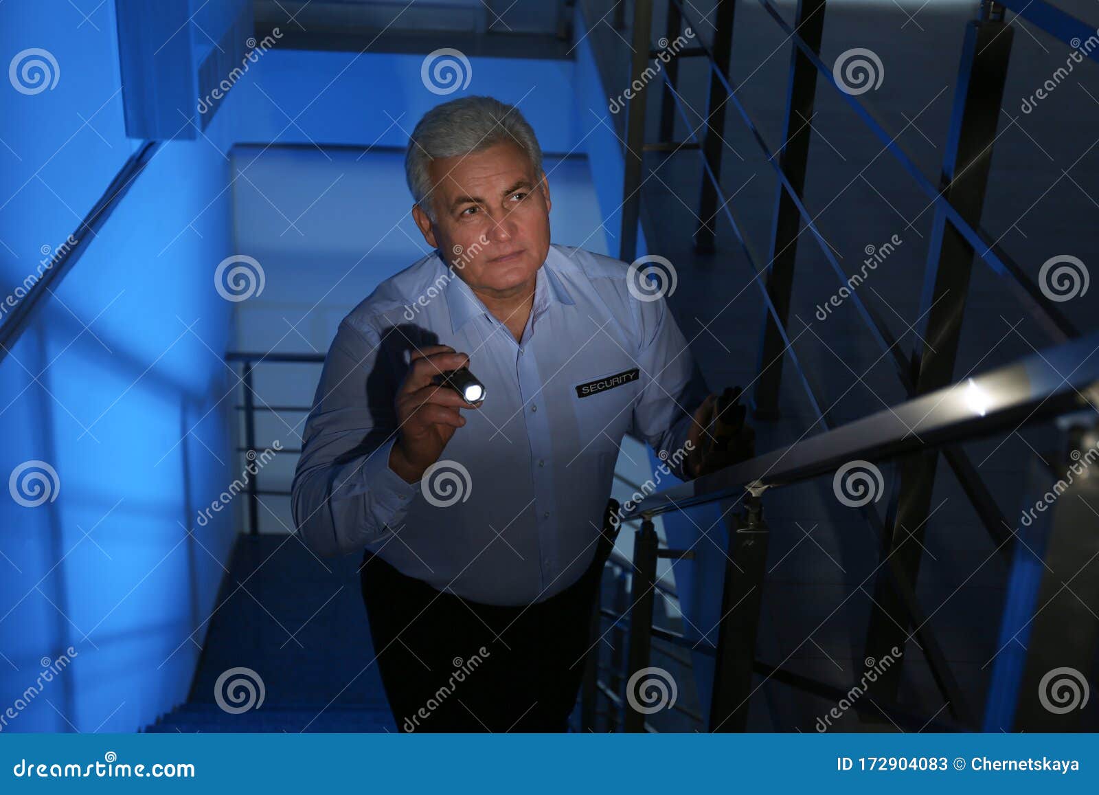 Professional Security Guard with Flashlight on Stairs in Room Stock ...