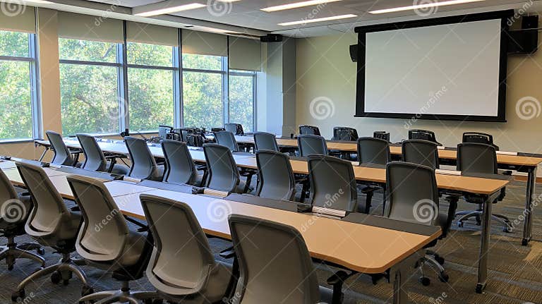 A Professional Seminar Room Setup with Clean Seating and a Projector ...