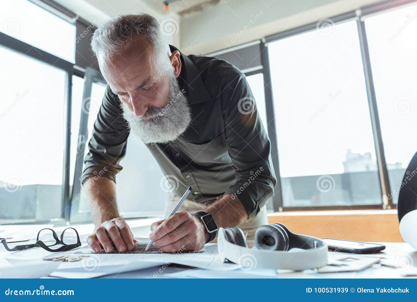 Professional Serious Worker is Laboring on His Design Plan Stock Image ...
