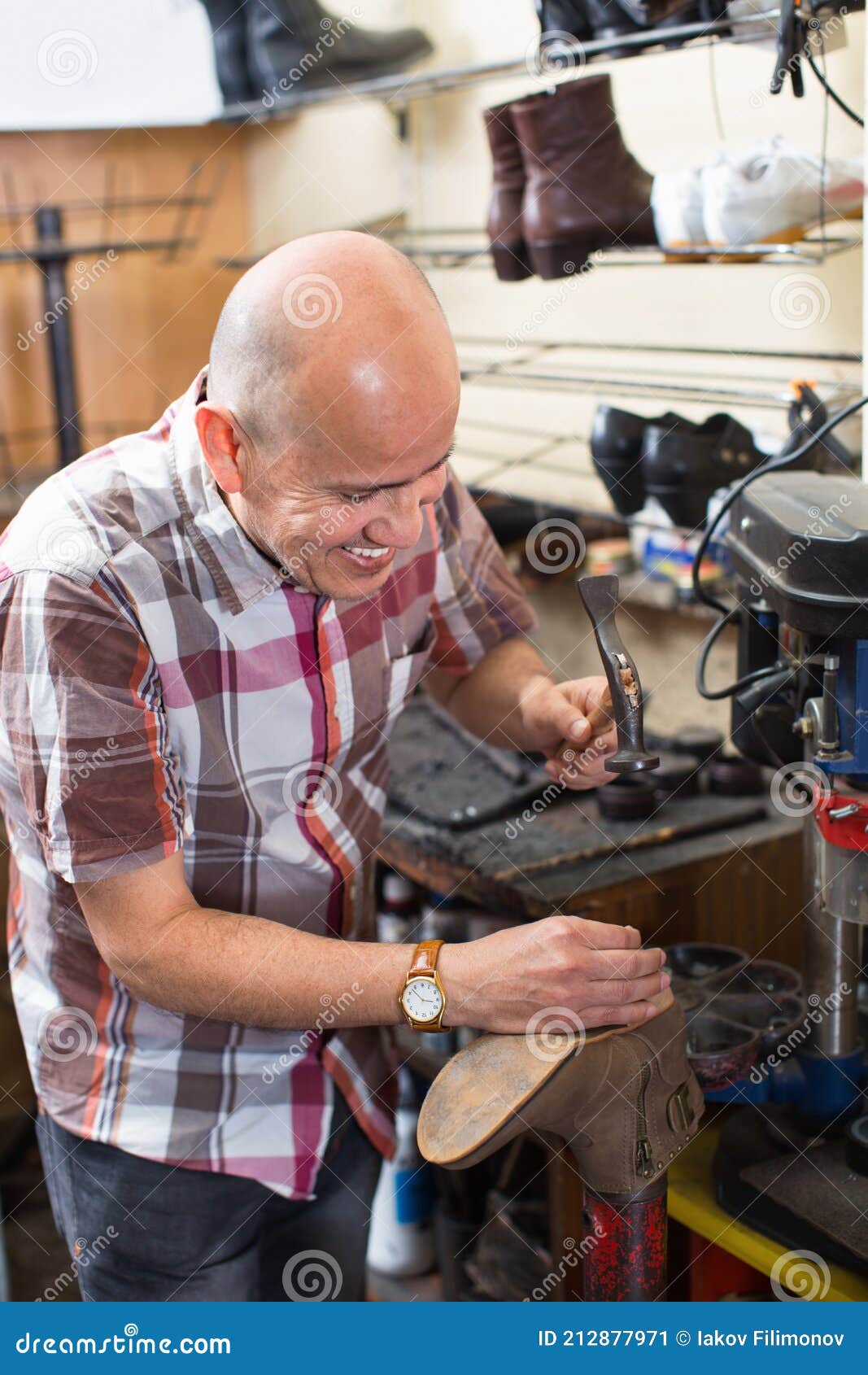 Professional Shoemaker Heeling Footwear on Machine Stock Image - Image ...