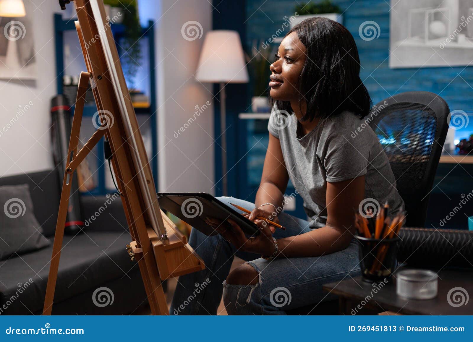 Professional Sketching Artist Looking Art References Online Stock Image ...