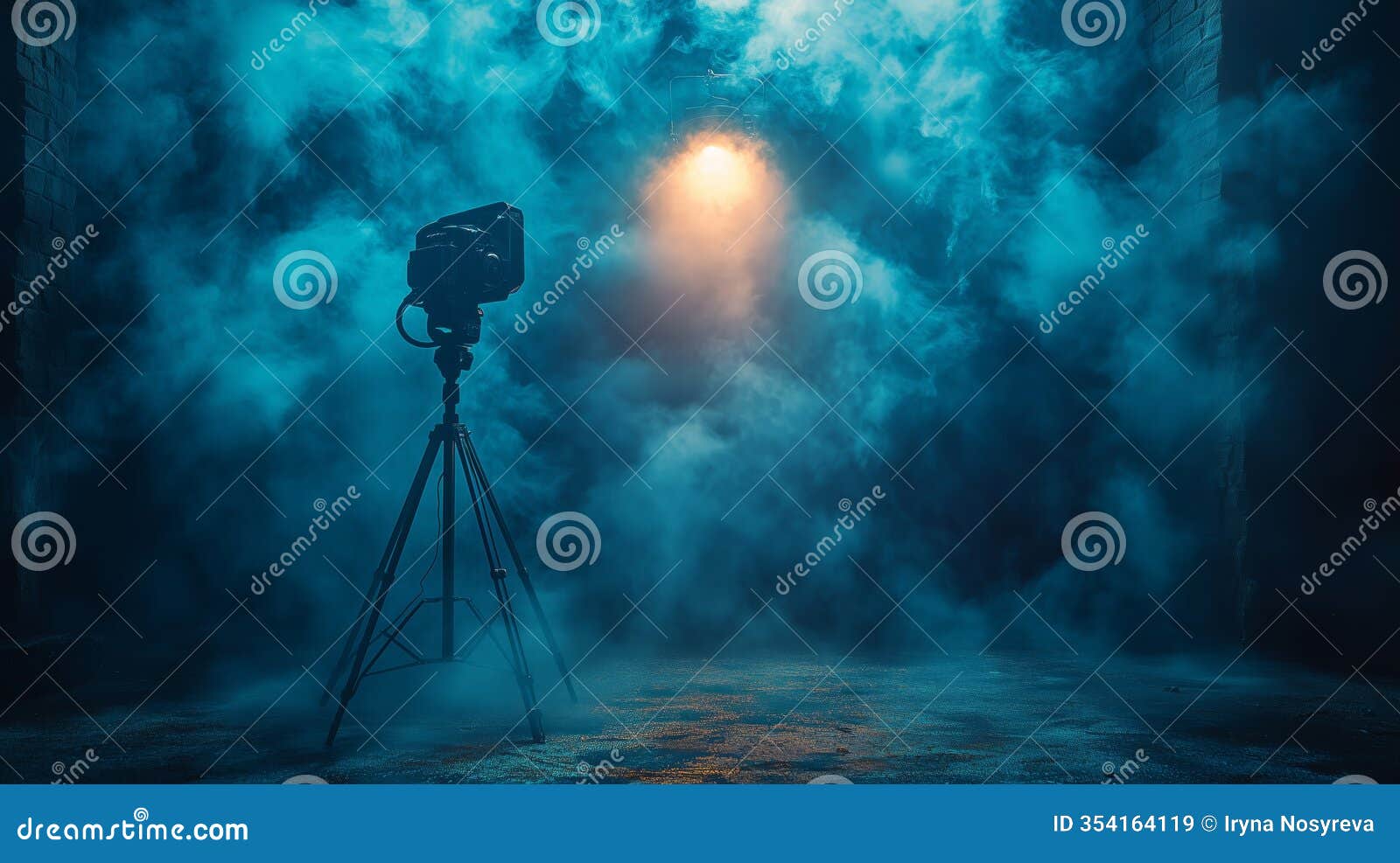 Professional Spotlight on Tripod in Smoky Studio with Blue Light ...