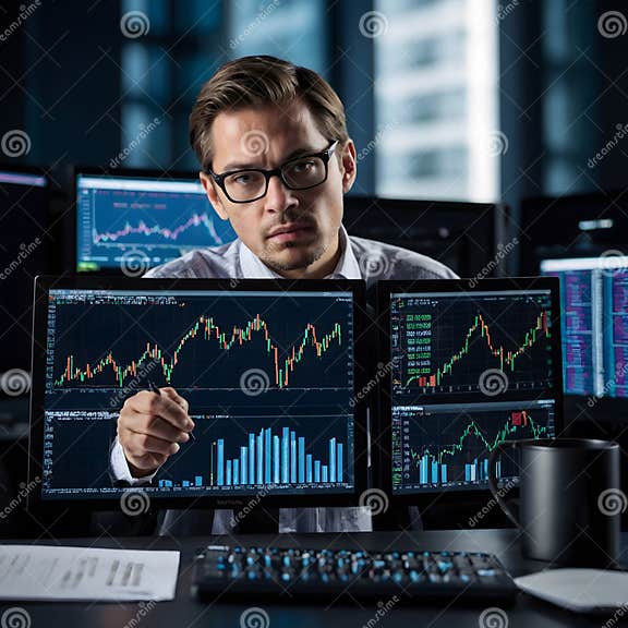 Professional Stock Trader Analyzing Real-Time Charts and Financial Data on Multiple Monitors ...