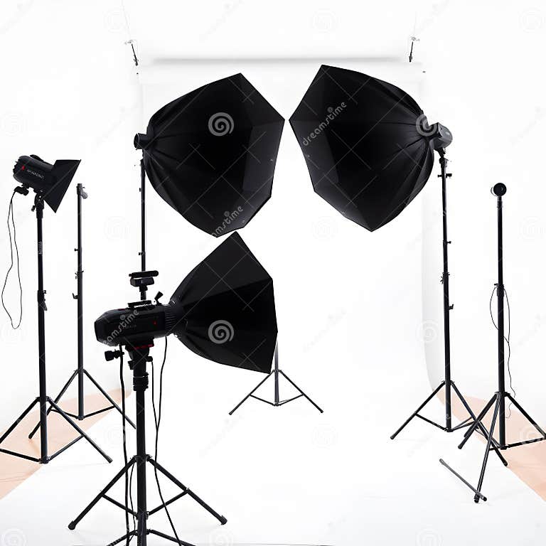 Professional Studio Lighting Setup with Soft Boxes on a White ...