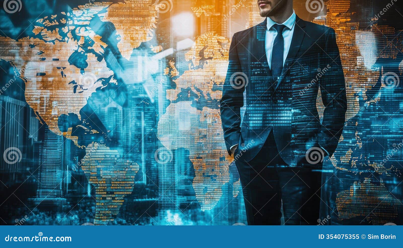 A Professional in a Suit with a Background of a World Map and Corporate ...
