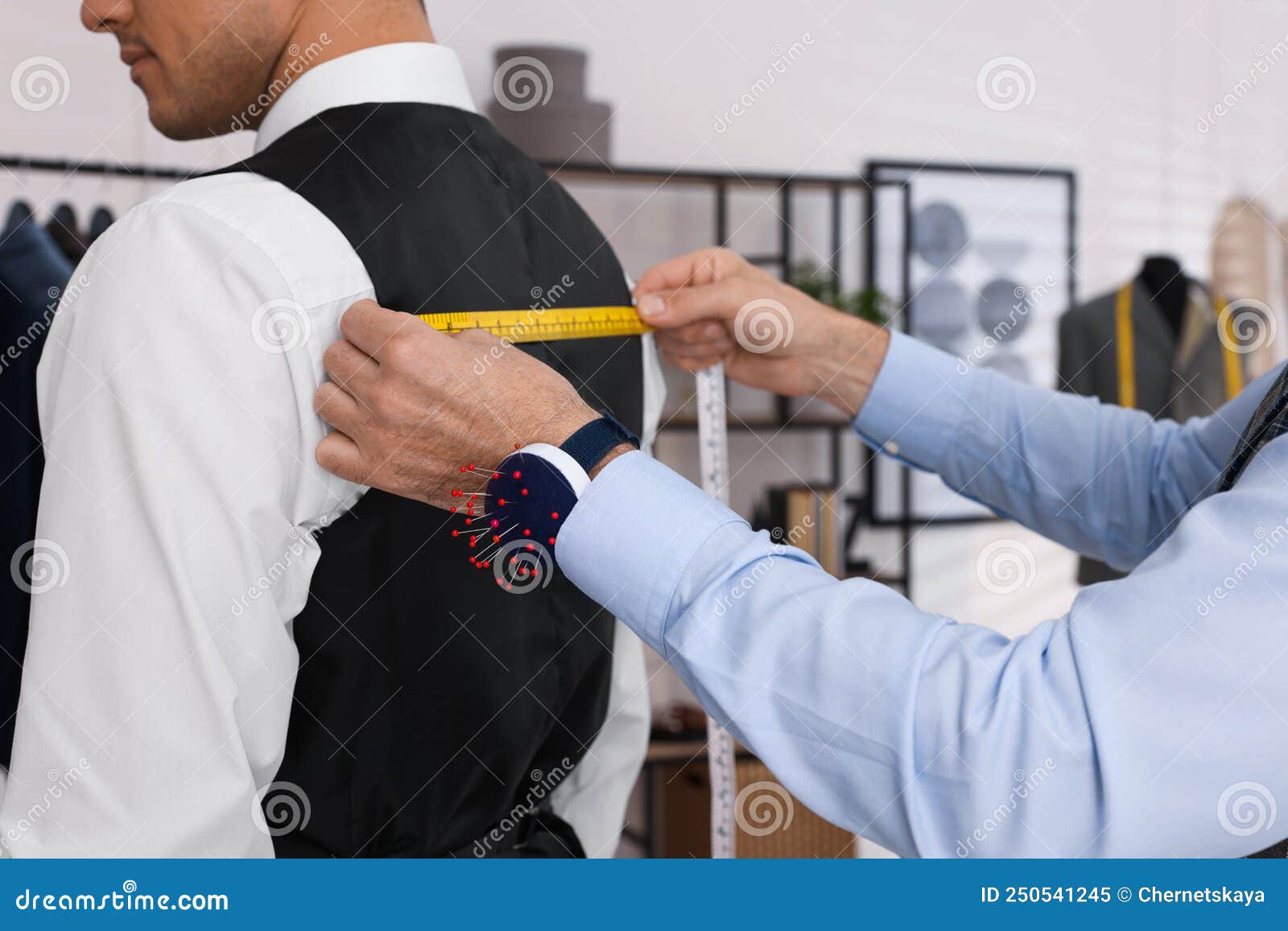 Professional Tailor Measuring Client`s Back Width in Atelier, Closeup ...
