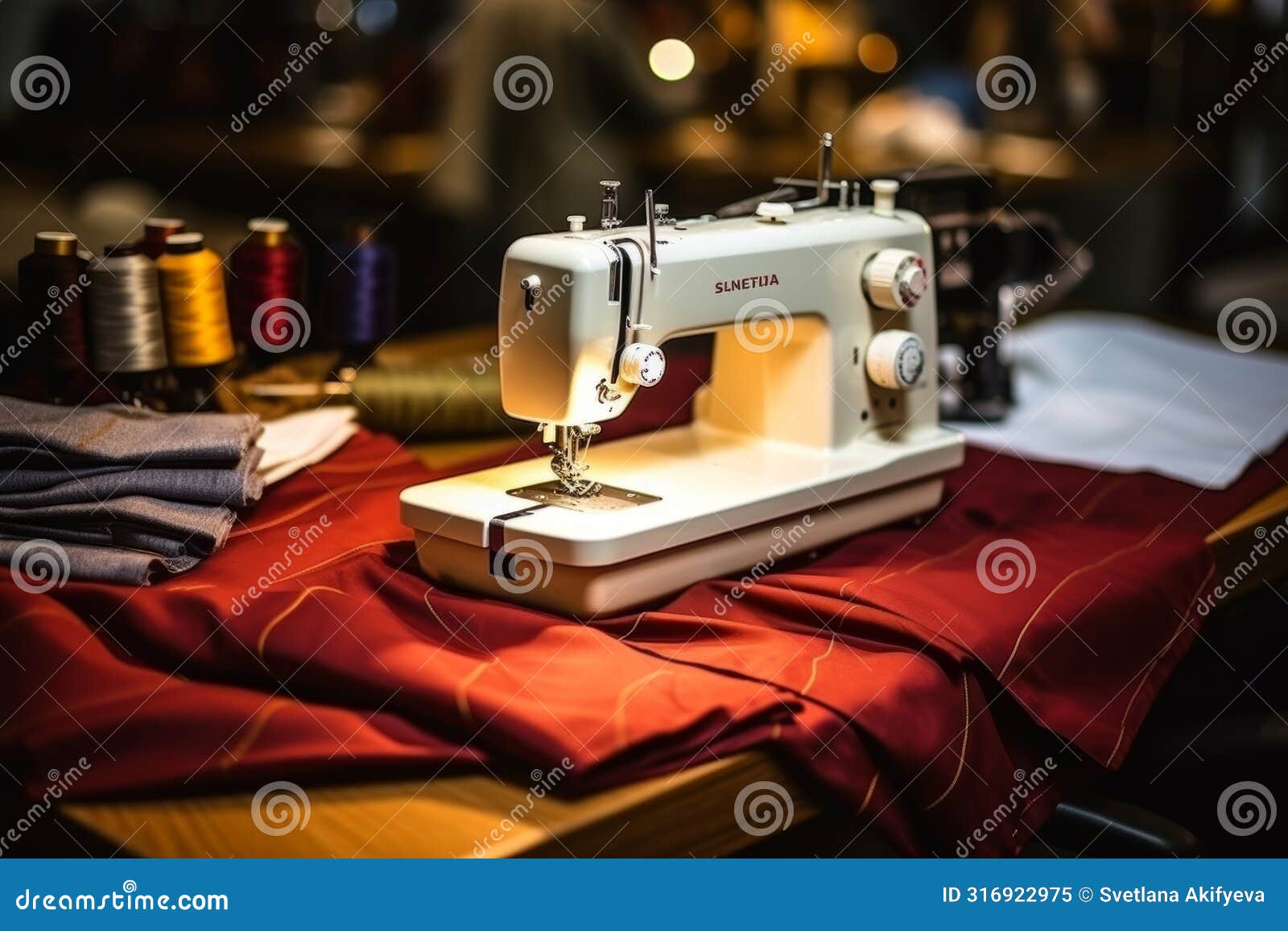 Professional Tailor Working at Workshop Desk with Sewing Machine, Tools ...