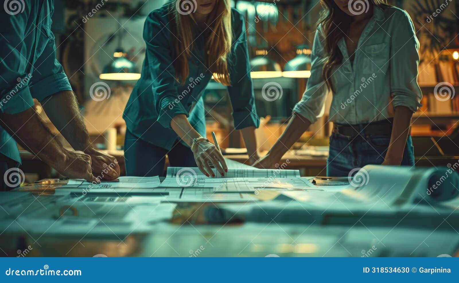 Close-up of Architects Hands Working on Blueprints with Tools on Desk ...