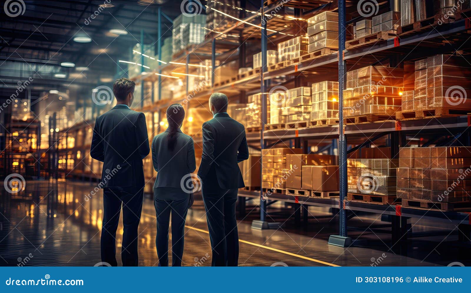 Professional Team in Logistics Warehouse at Night Stock Illustration ...