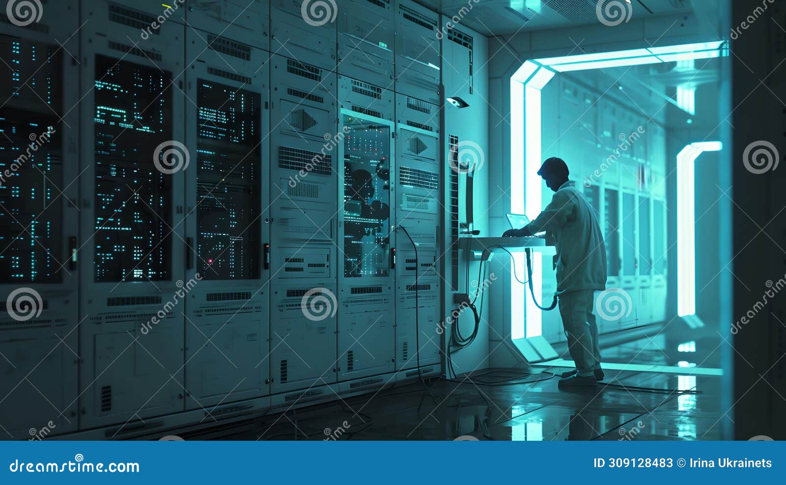 Professional Technician Working in Server Room. Man Troubleshooting in ...