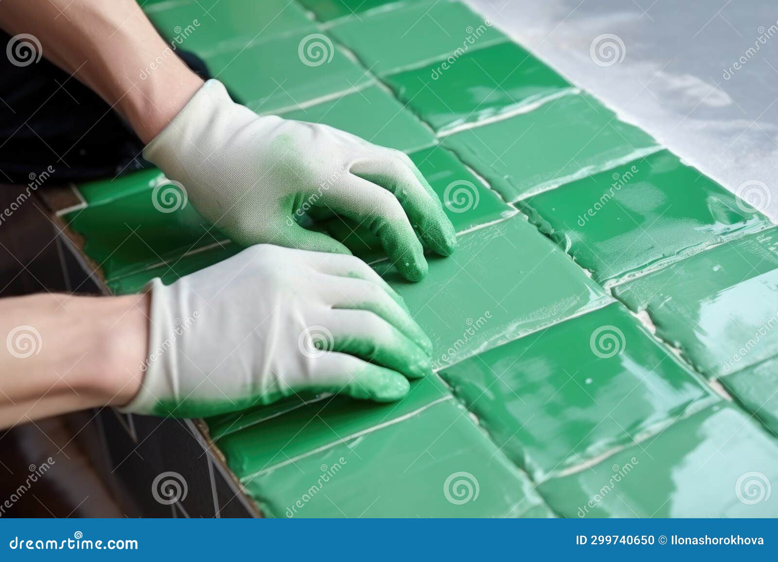 Hands of the Tiler are Laying Green Ceramic Tile on the Wall. Ai ...