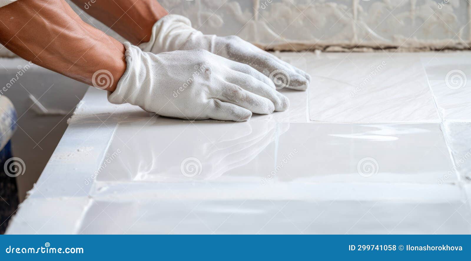 Hands of the Tiler are Laying White Ceramic Tile on the Wall. Ai ...