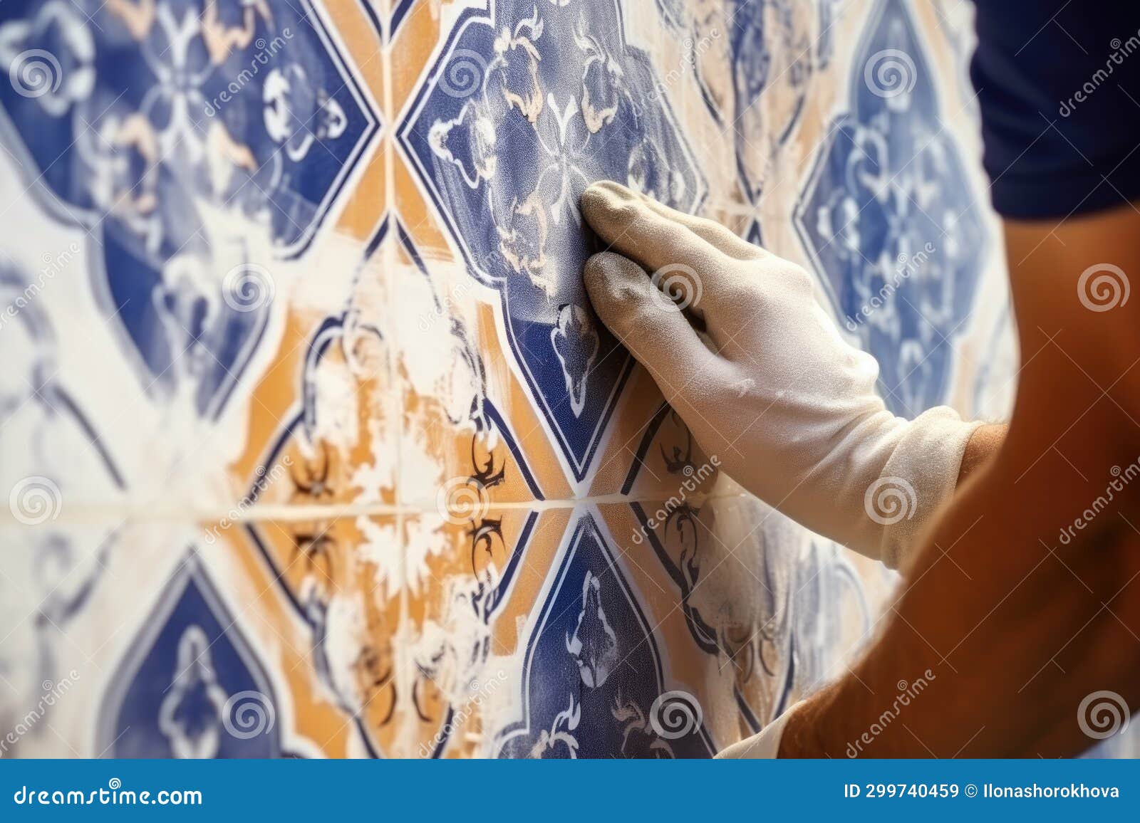 Hands of the Tiler are Laying Yellow Ceramic Tile on the Wall. Ai ...