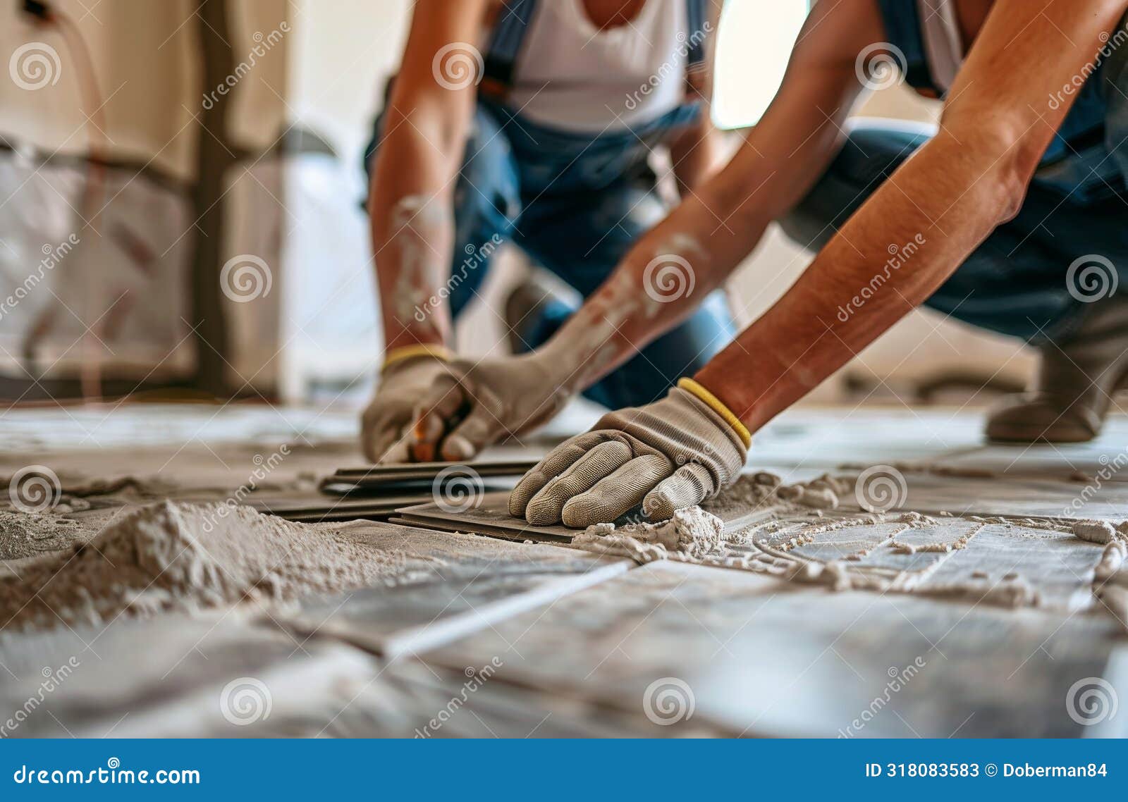 Professional Tilers at Work Installing New Ceramic Tiles on the Floor ...