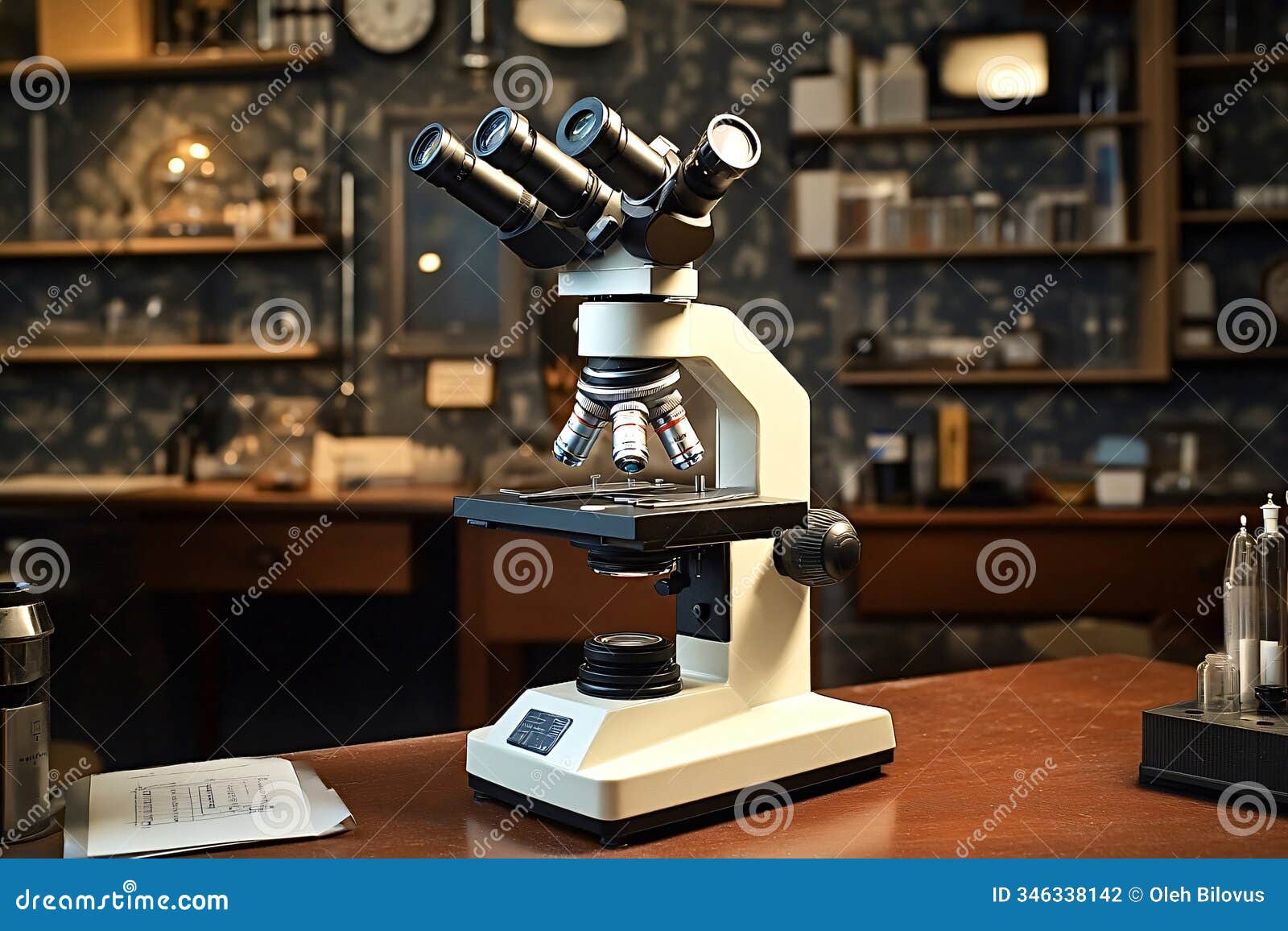 Professional Trinocular Microscope Standing on Wooden Table in ...