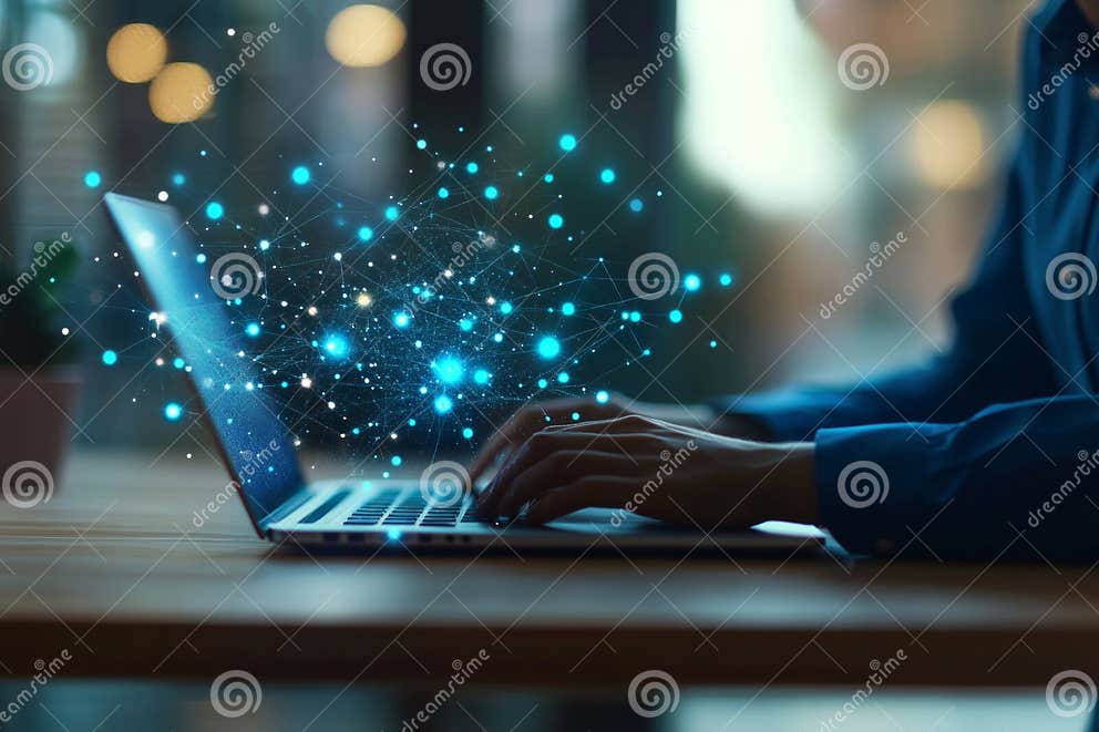 Professional Typing Scene with Digital Icons for Documents and Workflow ...