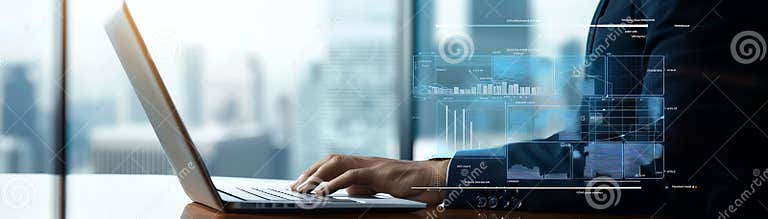 A Professional Using a Laptop with Digital Graphics, Representing ...