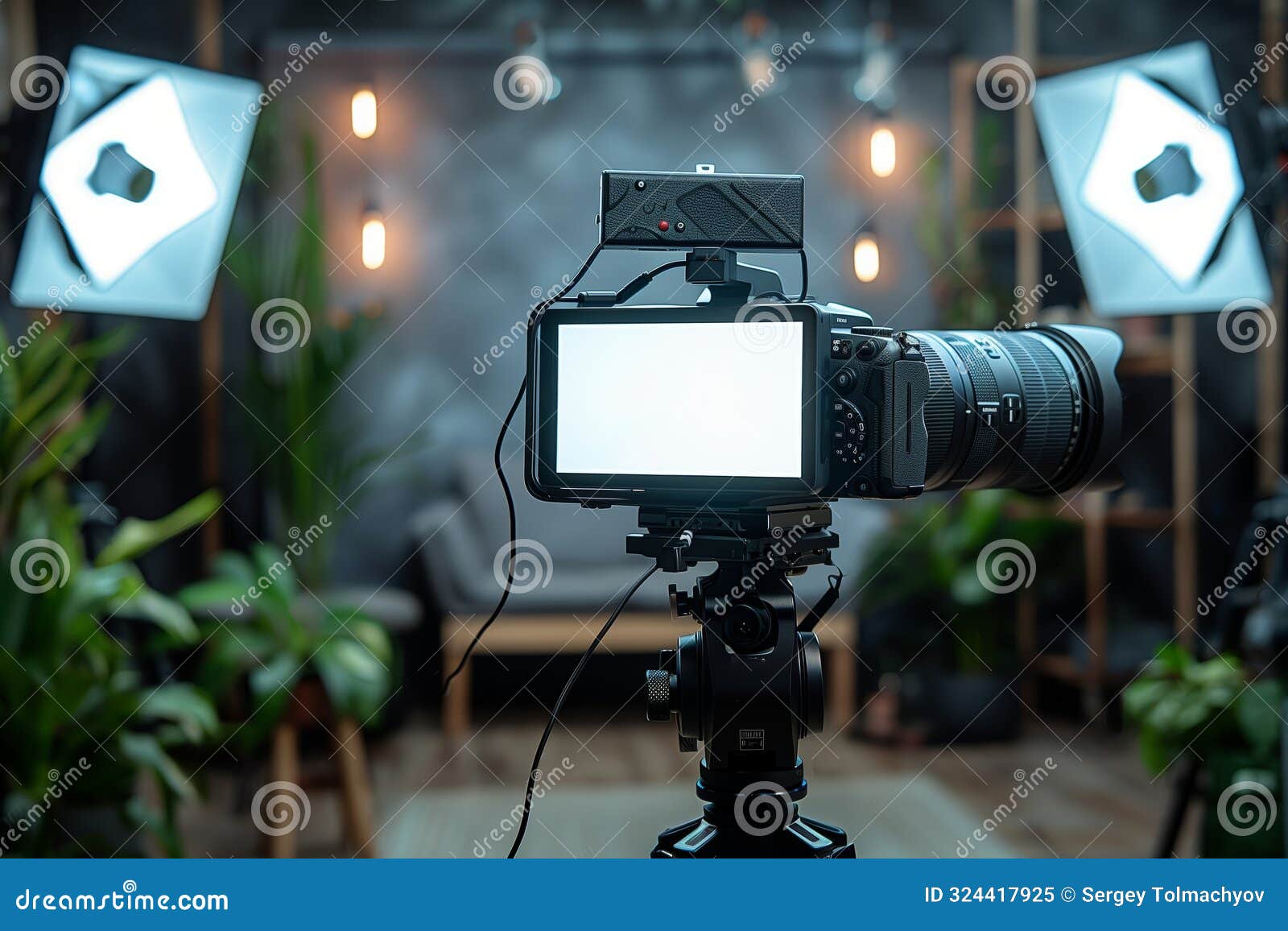 Professional Video Camera Set Up with Lights and Tripod in Studio Stock ...