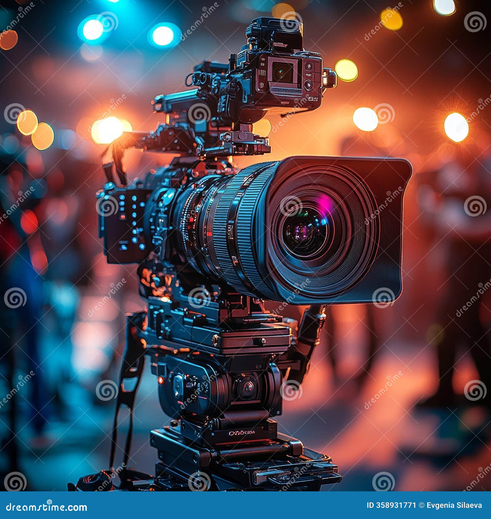 Professional Video Camera Setup at Event with Colorful Lighting and ...