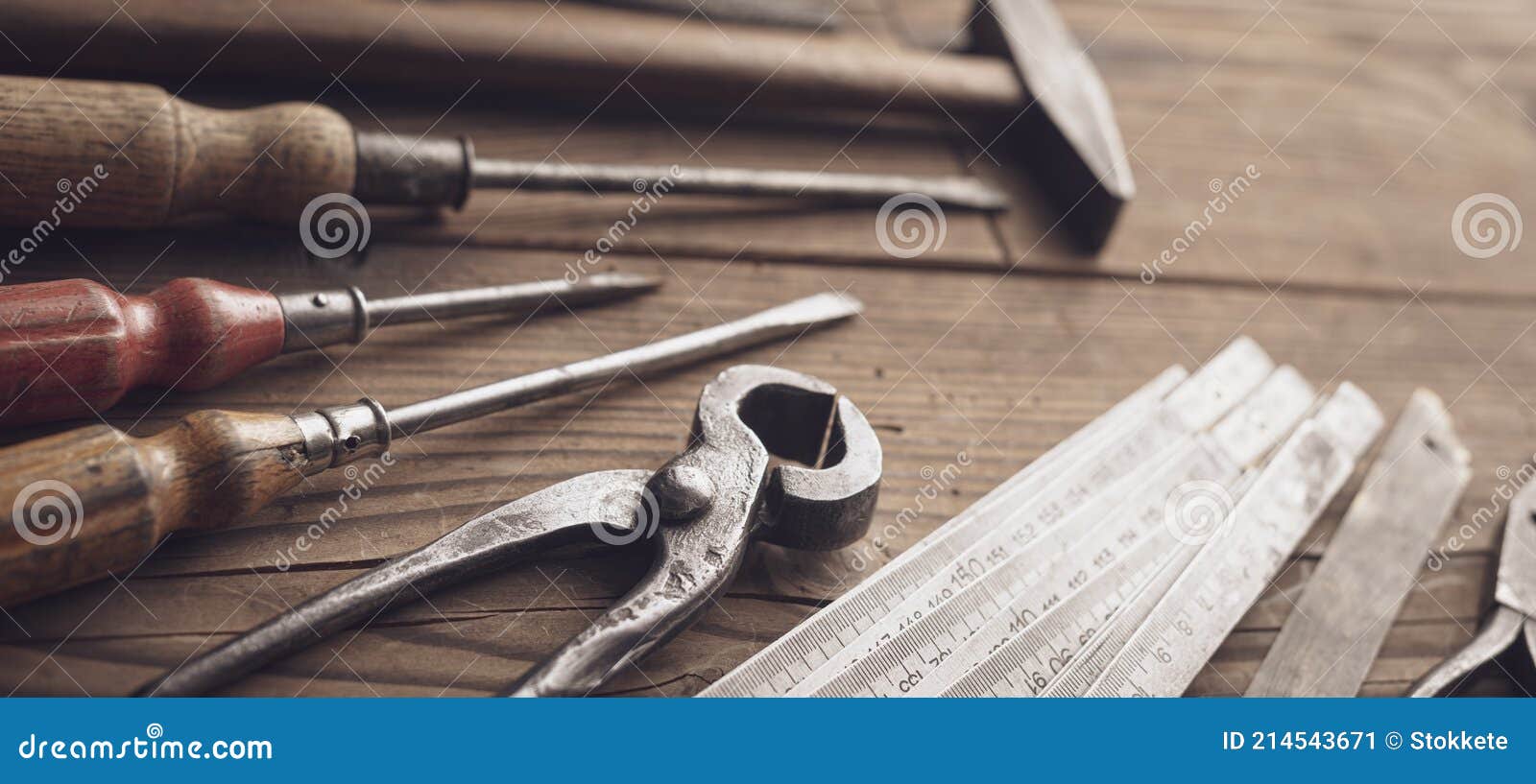 Professional Vintage Carpentry Tools on a Wooden Table Stock Image ...