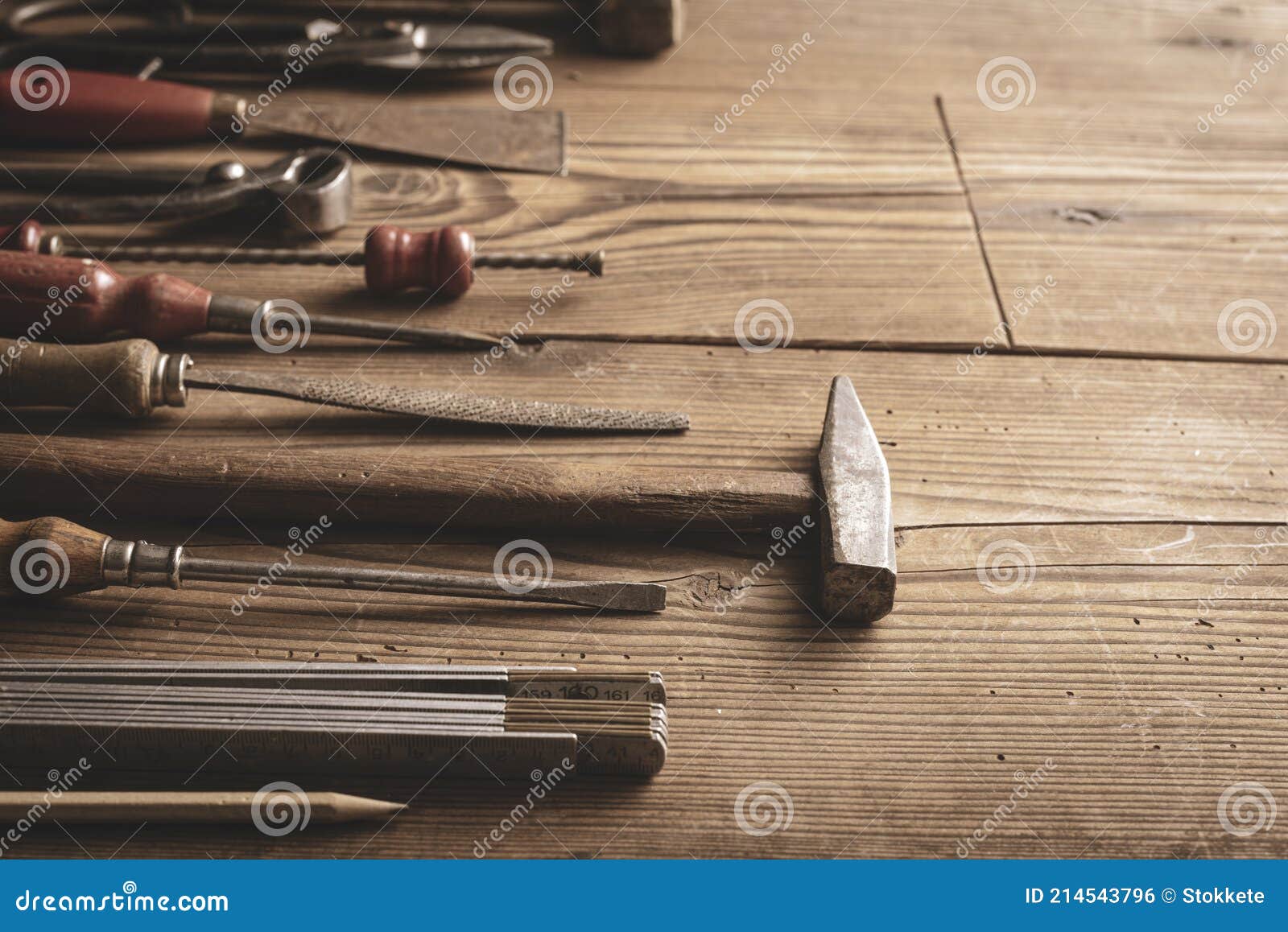 Professional Vintage Carpentry Tools on a Wooden Table Stock Photo ...