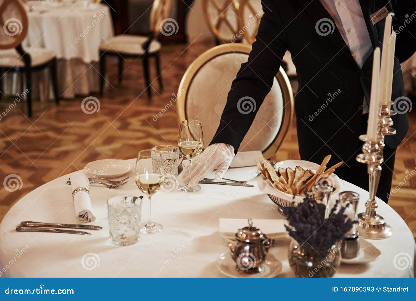 Professional Waiter Preparing the Table in the Vintage Style Luxure ...