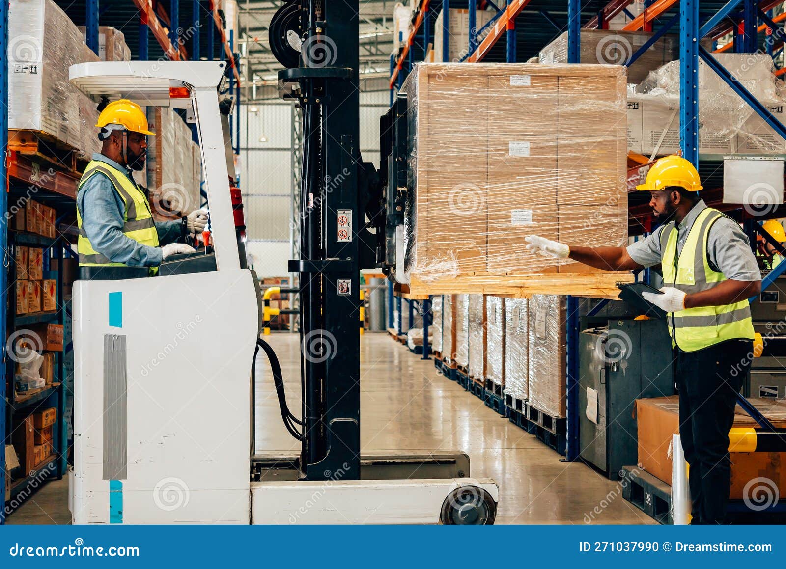 Professional Warehouse Worker Moving Cardboard Boxes by Forklift ...