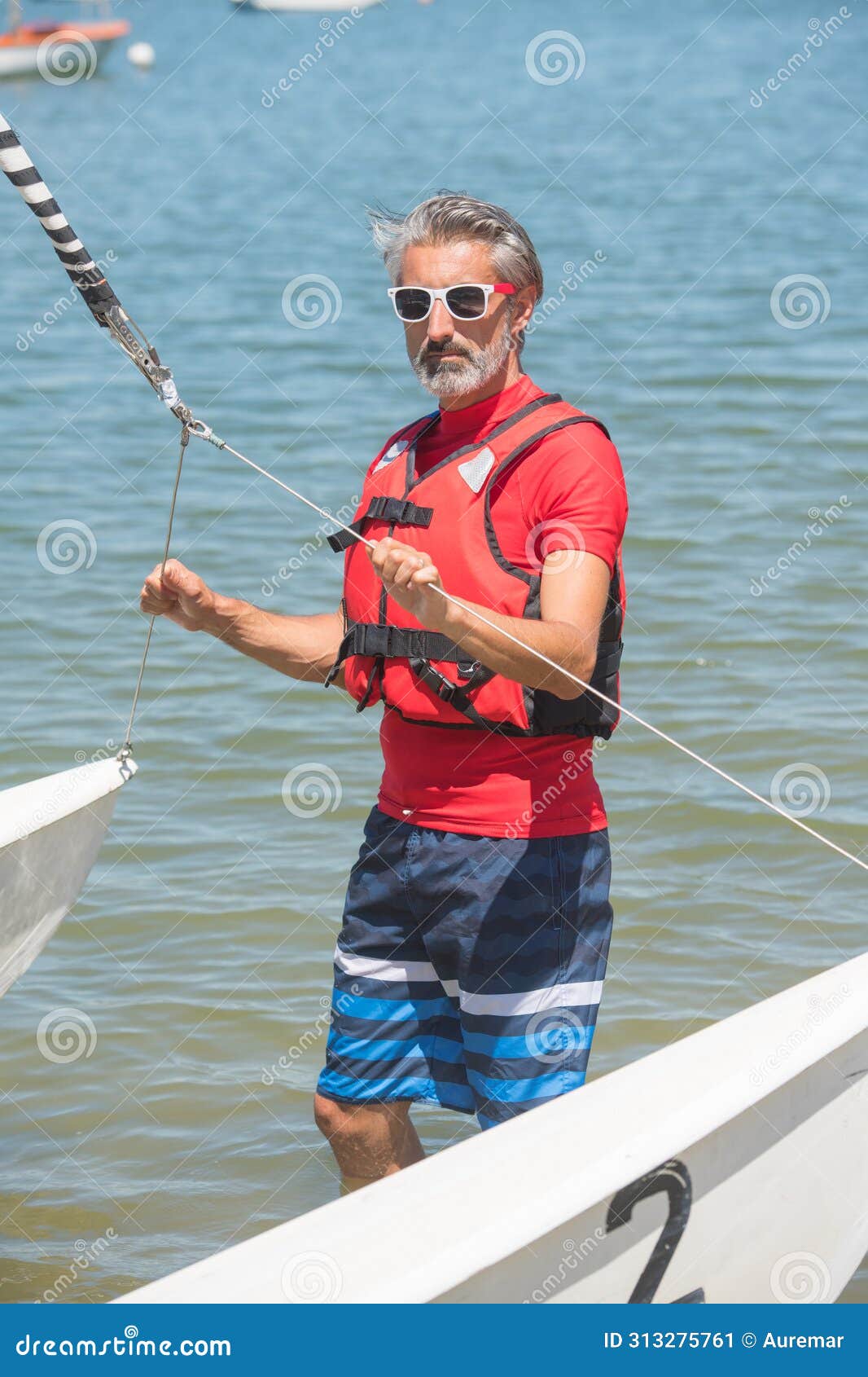 Professional Waterman Training on Lake with Catamaran Stock Image ...