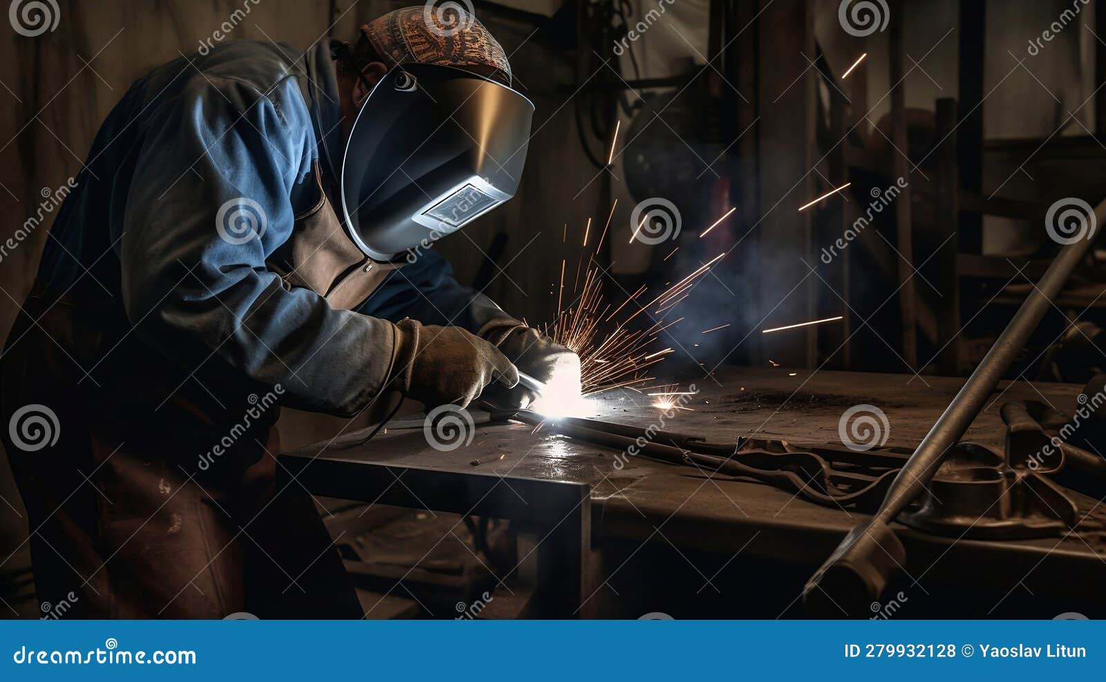 A Professional Welder in a Protective Uniform and a Metal Pipe Welding ...