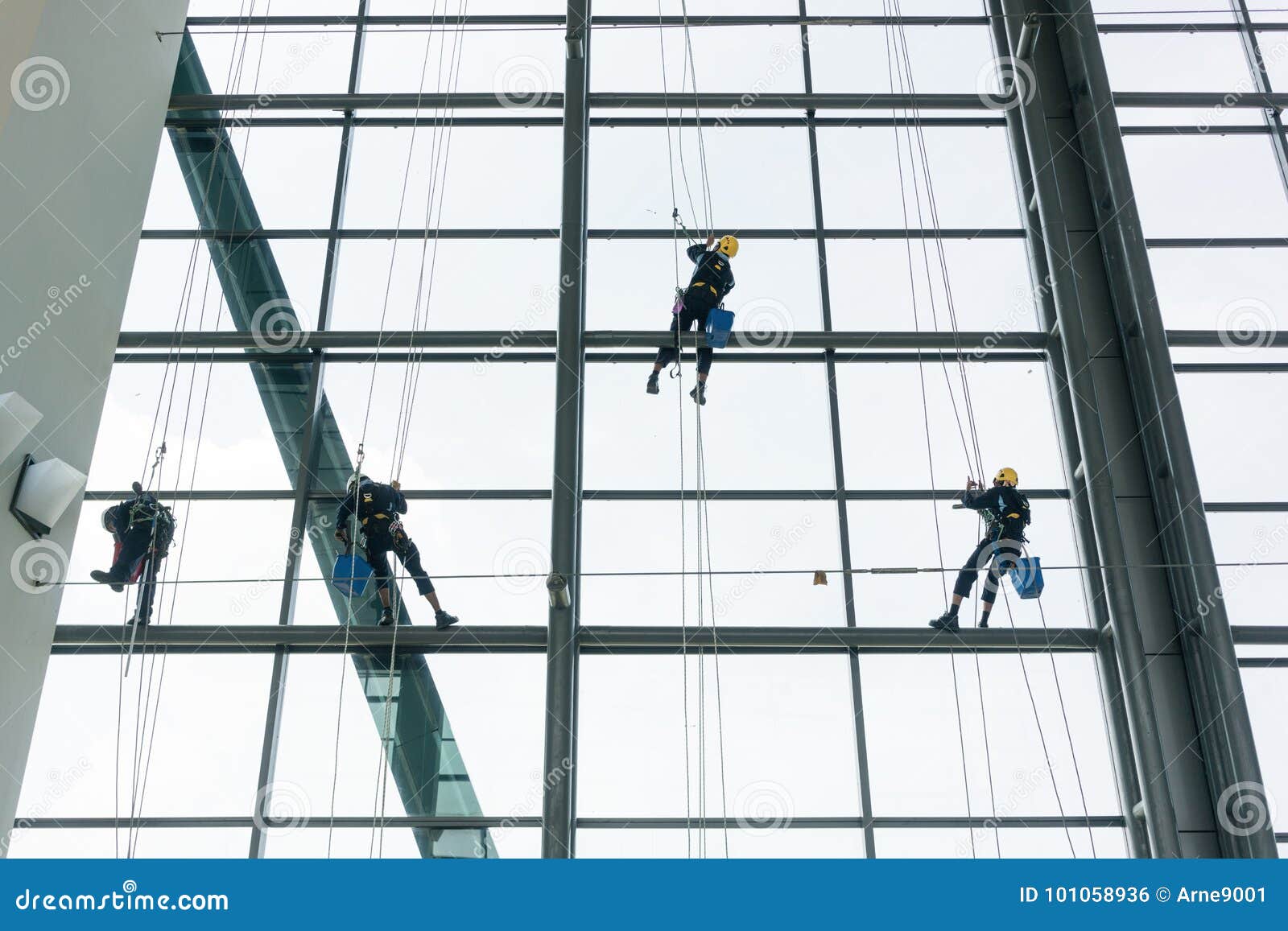 Professional Window Cleaners Climbing Up Facade Stock Photo - Image of ...