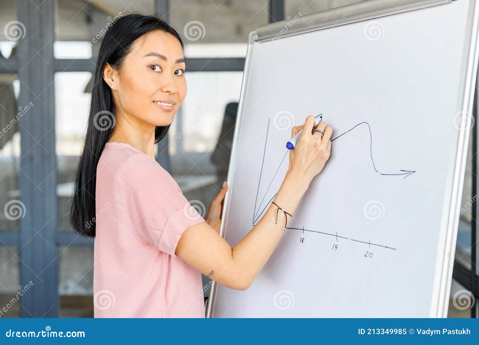 Young Businesswoman Draws a Graph on an Interactive Whiteboard in the ...