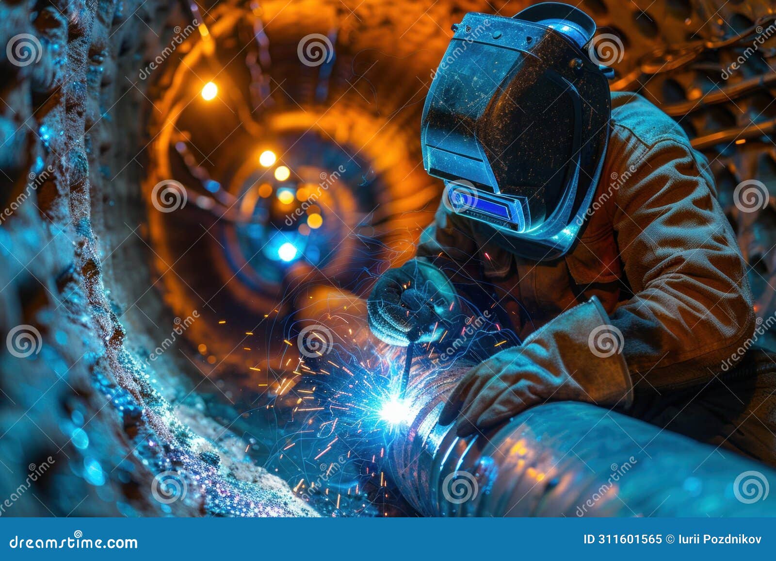 Welder with Pipe on Blue Light Background Stock Illustration ...