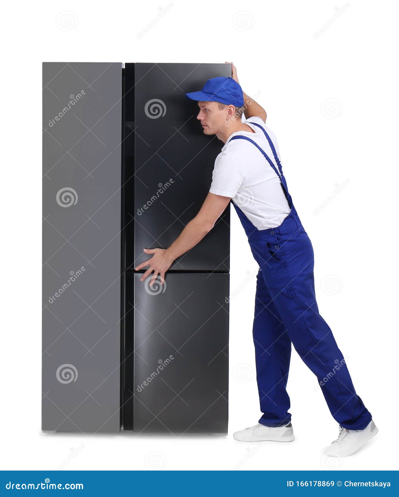 Professional Worker Carrying Refrigerator on White Stock Image - Image ...